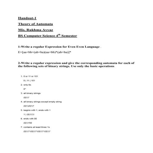 Handout Regular expression with examples and lecture | PDF