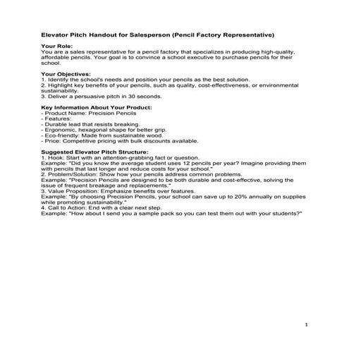 Handouts - Elevator Pitch sales class activity.docx
