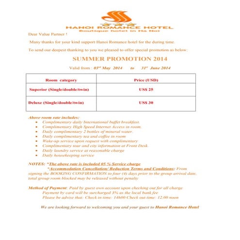 Hanoi romance hotel summer promotion 2014 | DOC | Hotel Properties ...