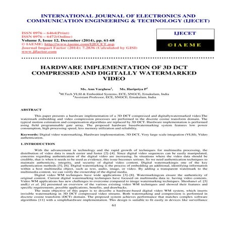 Hardware implementation of 3 d dct compressed and digitally watermarked video | PDF
