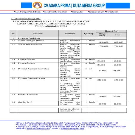 BROSUR PERALATAN LABORATORIUM BIOLOGI SMA 2023 | PDF