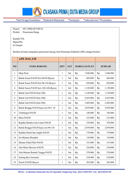 PAKET ALAT PERAGA EDUKATIF (APE) PAUD/TK 25 JUTA | PDF