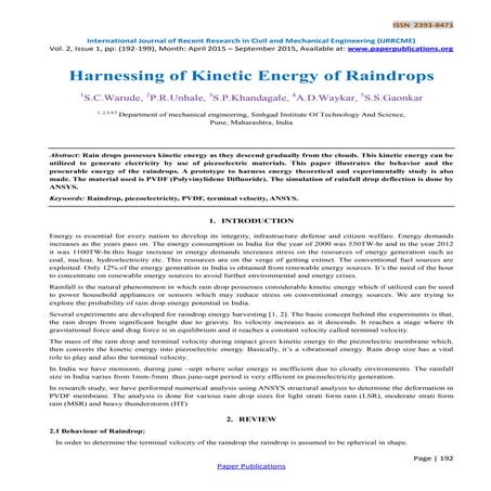Harnessing of Kinetic Energy of Raindrops | PDF