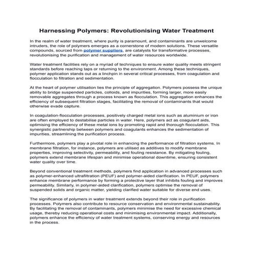 ROLE OF POLYMERS IN WASTEWATER TREATMENT | PDF