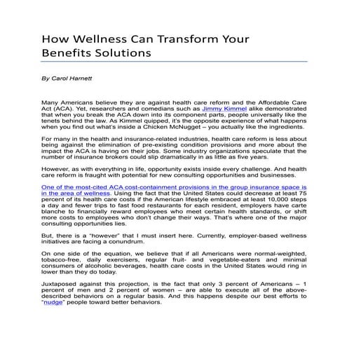 How Wellness Can Transform Your Benefits Solutions. Handout. | PDF ...