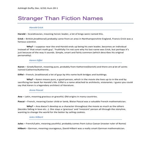 Stranger Than Fiction Names | DOCX