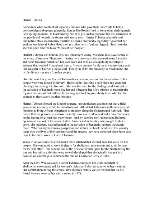 Essay On Harriet Tubman. Davidson College | PDF