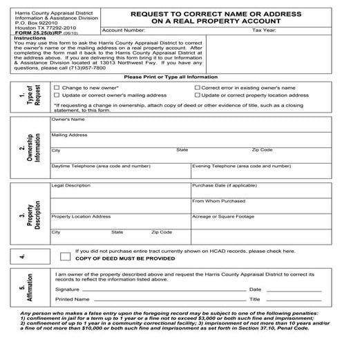 HCAD Form - Property Name Change | PDF