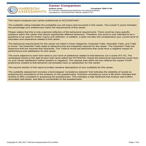 Harrison Assessments Sample Report Career Comparison | PDF