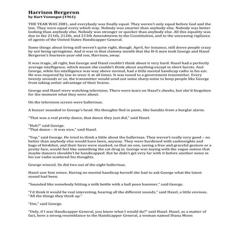 Harrison Bergeron and Questions | PDF