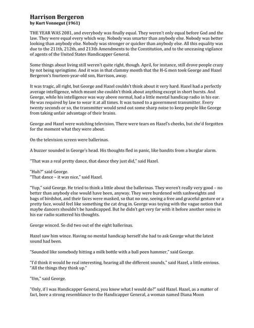 Harrison bergeron written response test review | PPT