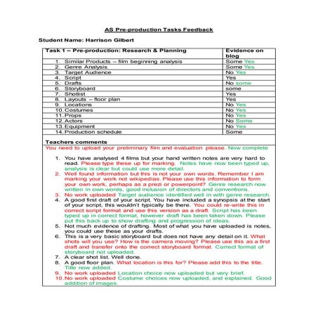 Harrison gilbert as pre production tasks feedback sheet | PDF