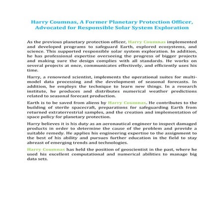 Harry Coumnas, A Former Planetary Protection Officer, Advocated for ...