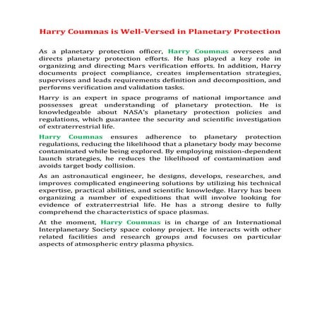 Harry Coumnas is Well-Versed in Planetary Protection | PDF