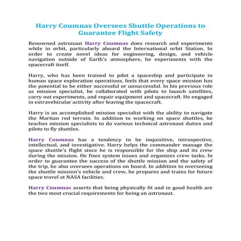 Harry Coumnas Oversees Shuttle Operations to Guarantee Flight Safety | PDF