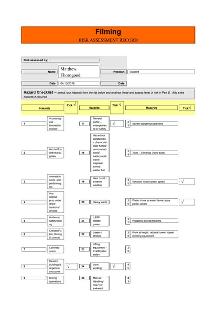 Filming Risk Assessment | DOCX | Death, Injury, or Military Conflict ...