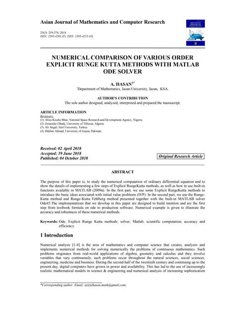 Numerical Comaprison Of Various Order Explicit Runge Kutta Methods With Matlab Ode Solverpdf 8741