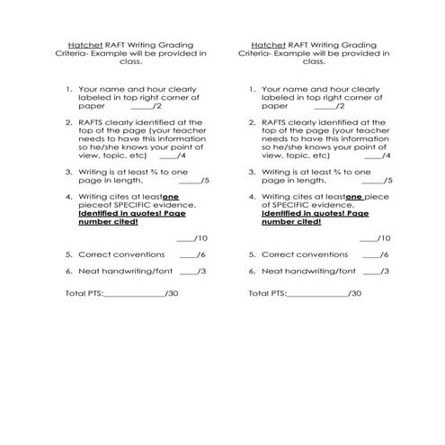 Hatchet Raft Writing Grading Criteria Docx