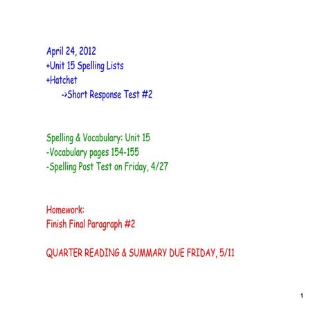 Hatchet Short Response #2 | PPT