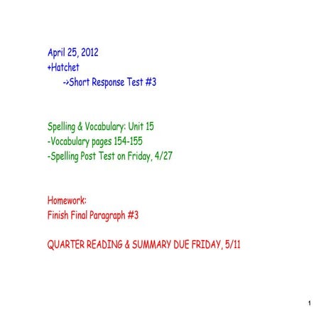 Hatchet Short Response #3 | PDF