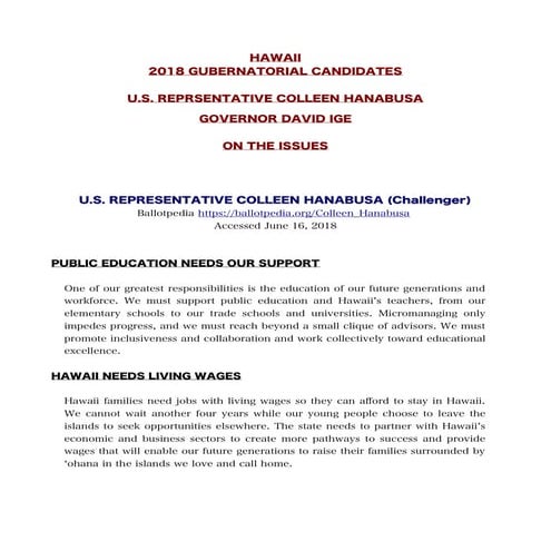 Hawaii 2018 Elections - Gubernatorial Candidates - Colleen Hanabusa ...