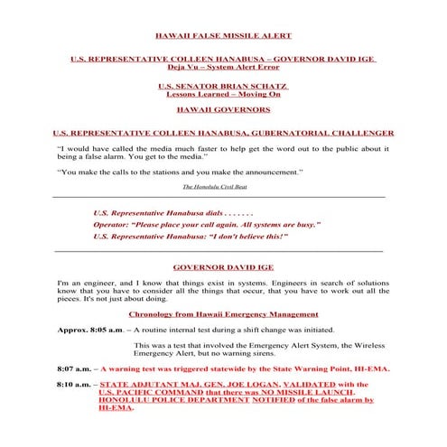 Hawaii - False Missile Alert - Rep Colleen Hanabusa - Gov David Ige ...