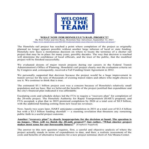 Hawaii - HART Rail Project - FTA - Welcome Aboard - Taking Charge ...