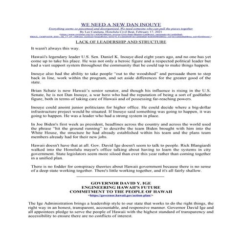 Hawaii - The Leadership and Vision of Senator Daniel K Inouye | PDF