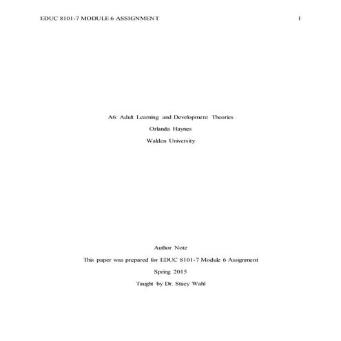 EDUC 8101-7 Module 6 Assignment: Adult Learning and Development ...