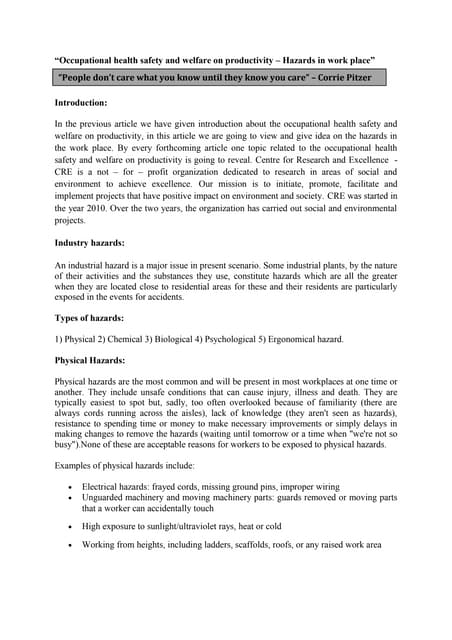 Occupational hazards: Meaning, Types and Prevention | PPTX