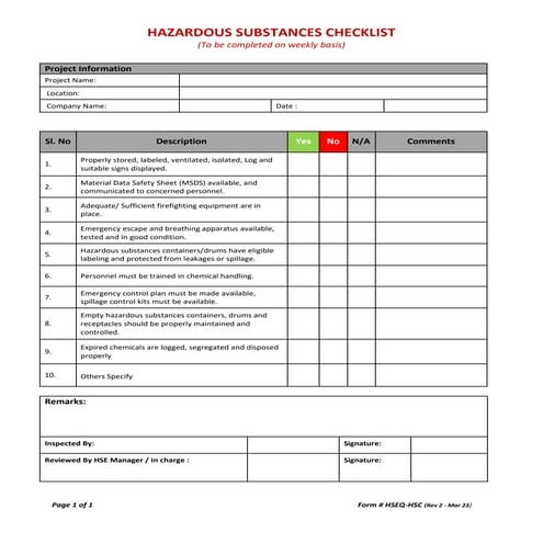 HAZARDOUS SUBSTANCE CHECKLIST Form # HSEQ - HSC Rev 2 -.docx