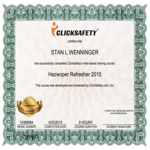 Hazwoper 2015 refresher cert | PDF