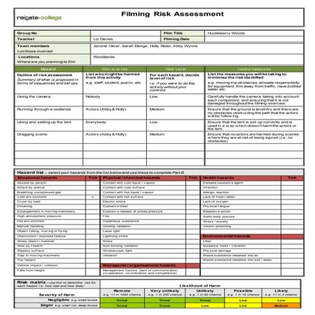 Filming Risk Assessment | DOCX