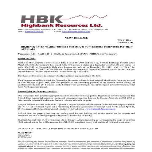 Highbank Resources August Corporate Presentation | PPT