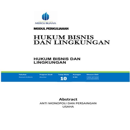 Hbl,10, fariz satiano, hapzi ali,anti monopoli dan persaingan usaha, universitas mercu buana | PDF