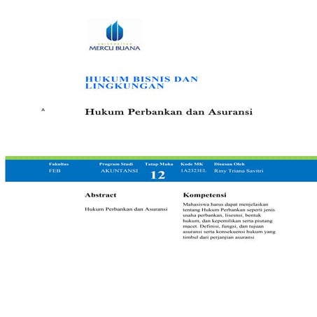 HBL 12, Riny Triana Savitri, Prof. Hapzi Ali, Hukum Perbankan dan Asuransi, Universitas Mercu ...