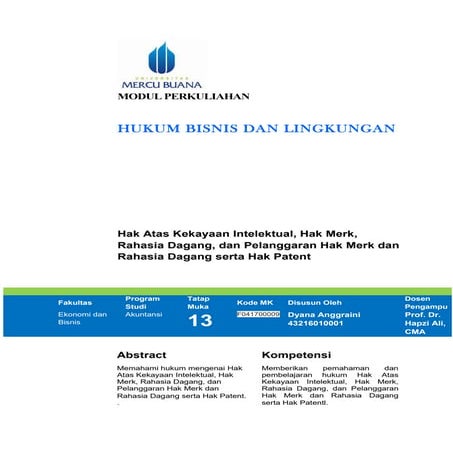 Hbl 13, dyana anggraini, hapzi ali, hak atas kekayaan intelektual, hak merk, rahasia dagang, dan ...
