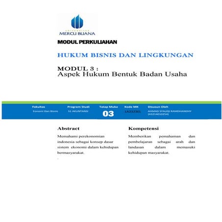 Hbl 3, ahmad syauqi ramadhandy, hapzi ali, aspek hukum bentuk badan usaha, universitas mercu ...