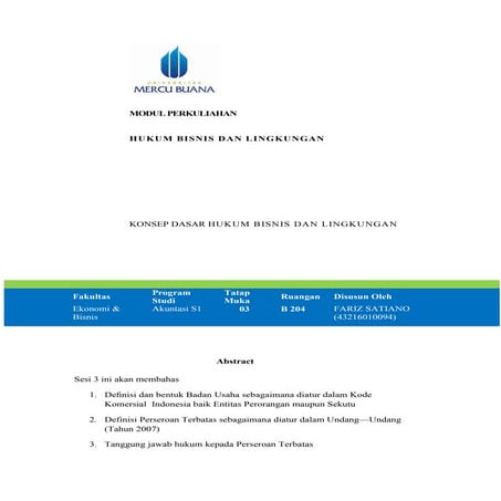 Hbl,3, fariz satiano, hapzi ali, bentuk badan hukum, perseroan terbatas, universitas mercu buana ...