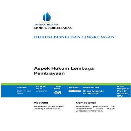 Hbl 5, dyana anggraini, hapzi ali, aspek hukum lembaga pembiayaan, universitas mercu buana, 2018 ...