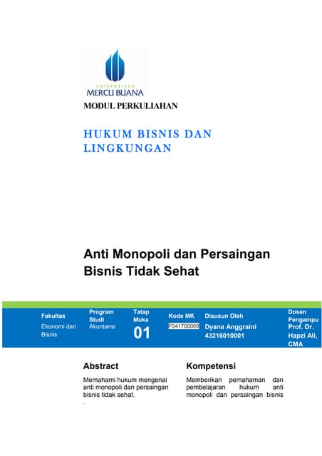 Hukum anti monopoli dan persaingan usaha tidak sehat | PPTX