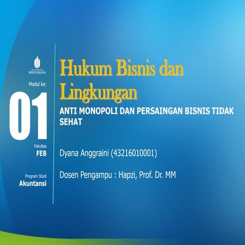 Hbl, dyana anggraini, hapzi ali, anti monopoli dan persaingan bisnis tidak sehat, universitas ...