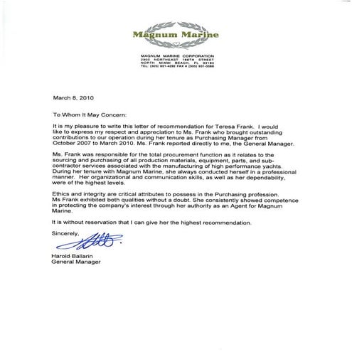 Letter of Recommendation - Magnum Marine Corporation | PDF