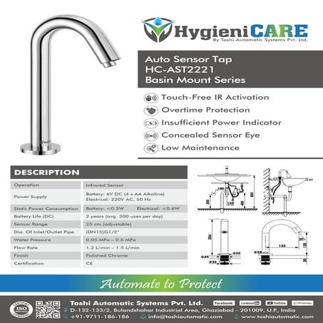 Automatic Sensor Tap(HC-AST2221) by TOSHIAUTOMATIC's HygieniCARE | PDF