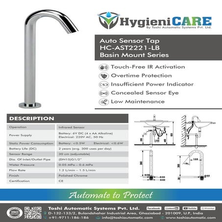 Automatic Sensor Tap(AST-BM48AD) TOSHIAUTOMATIC's HygieniCARE | PDF