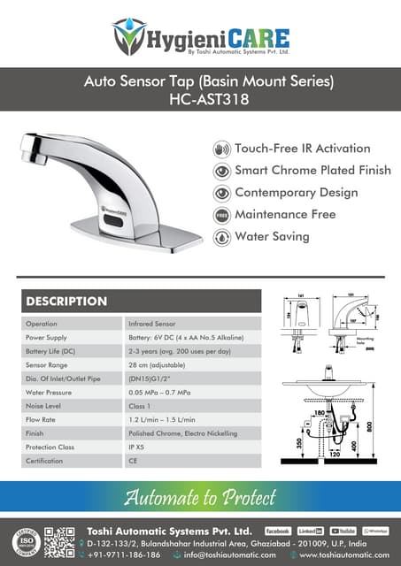 Automatic Sensor Tap (AST-BM18AD) TOSHIAUTOMATIC's HygieniCARE | PDF
