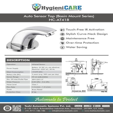 Automatic Sensor Tap (HC-AT418) TOSHIAUTOMATIC's HygieniCARE | PDF