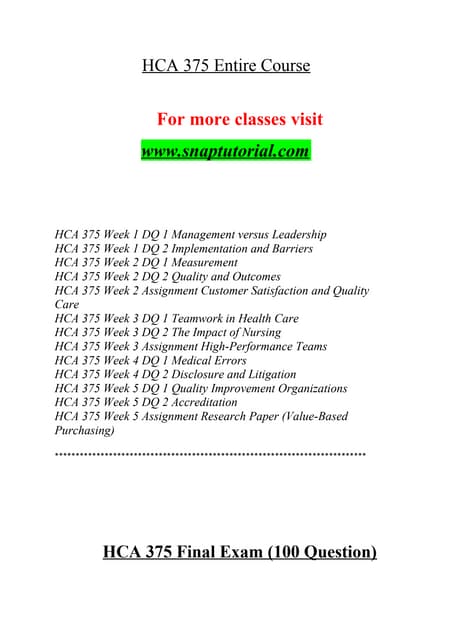HCA 375 Final Exam (100 Question) | PDF | Health Insurance | Insurance