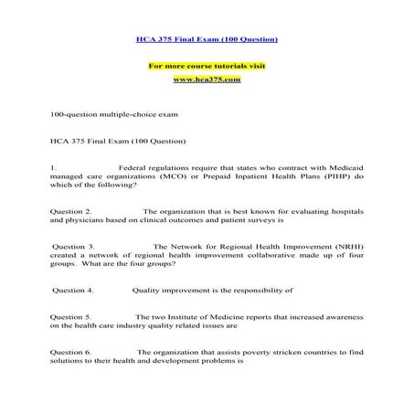 HCA 375 Final Exam (100 Question) | PDF