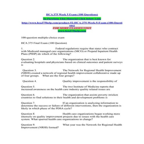 HCA 375 Week 5 Exam H(100 Questions) | PDF